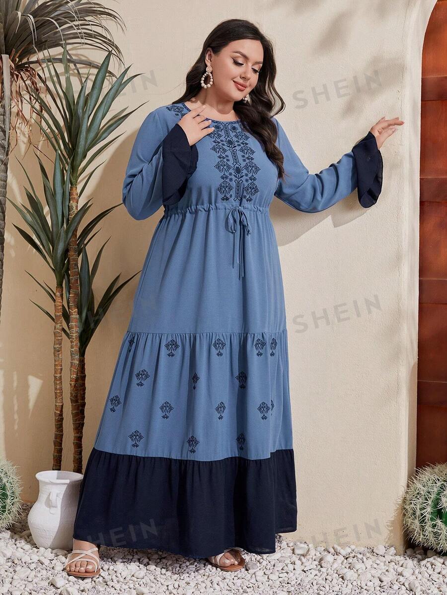 SHEIN Mulvari Plus Size Women's Geometric Pattern Arabic Style A-Line Dress With Cinched Waist ...