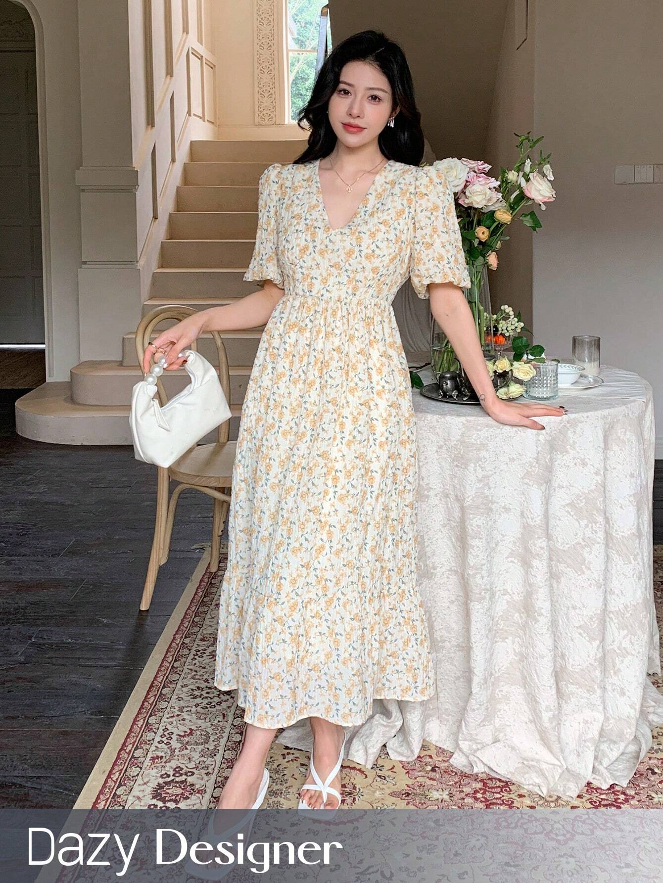 Dazy Designer フローラル柄 バブル スリーブ Aライン ワンピース レディース | SHEIN JAPAN