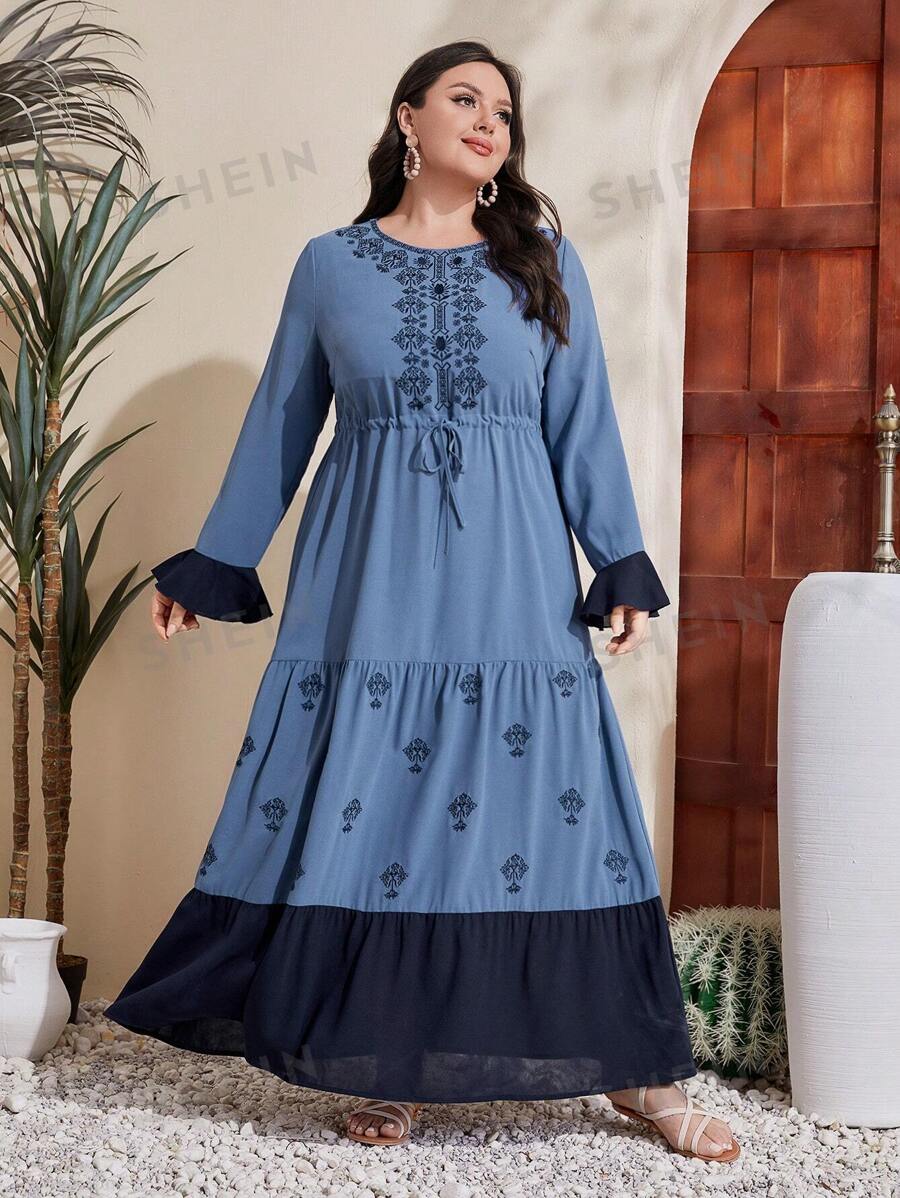 SHEIN Mulvari Plus Size Women's Geometric Pattern Arabic Style A-Line Dress With Cinched Waist ...