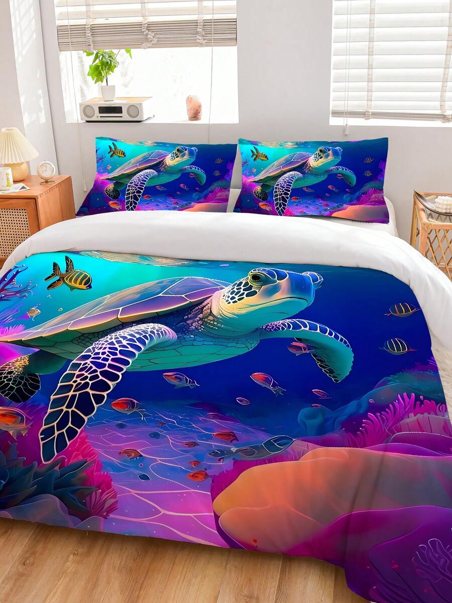 3pcs Sea Turtle Bedding Set, Including 1 Duvet Cover And 2 Pillowcases ...