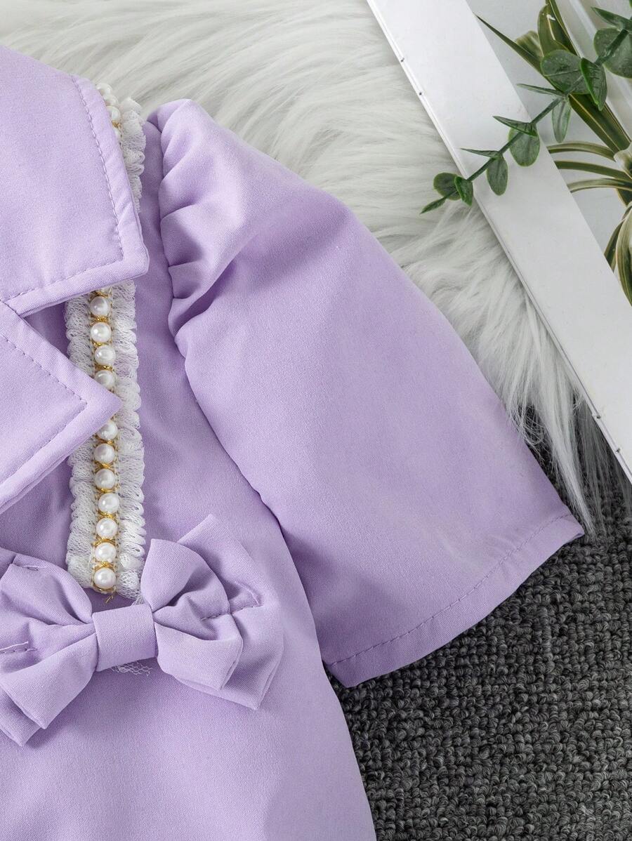 SHEIN 3 ชิ้น/เซ็ต เยาว์วัย เด็กหญิง แขนสั้น แจ็คเก็ต พร้อม โบว์ ตกแต่ง , เสื้อสายเดี่ยว Camisole ...