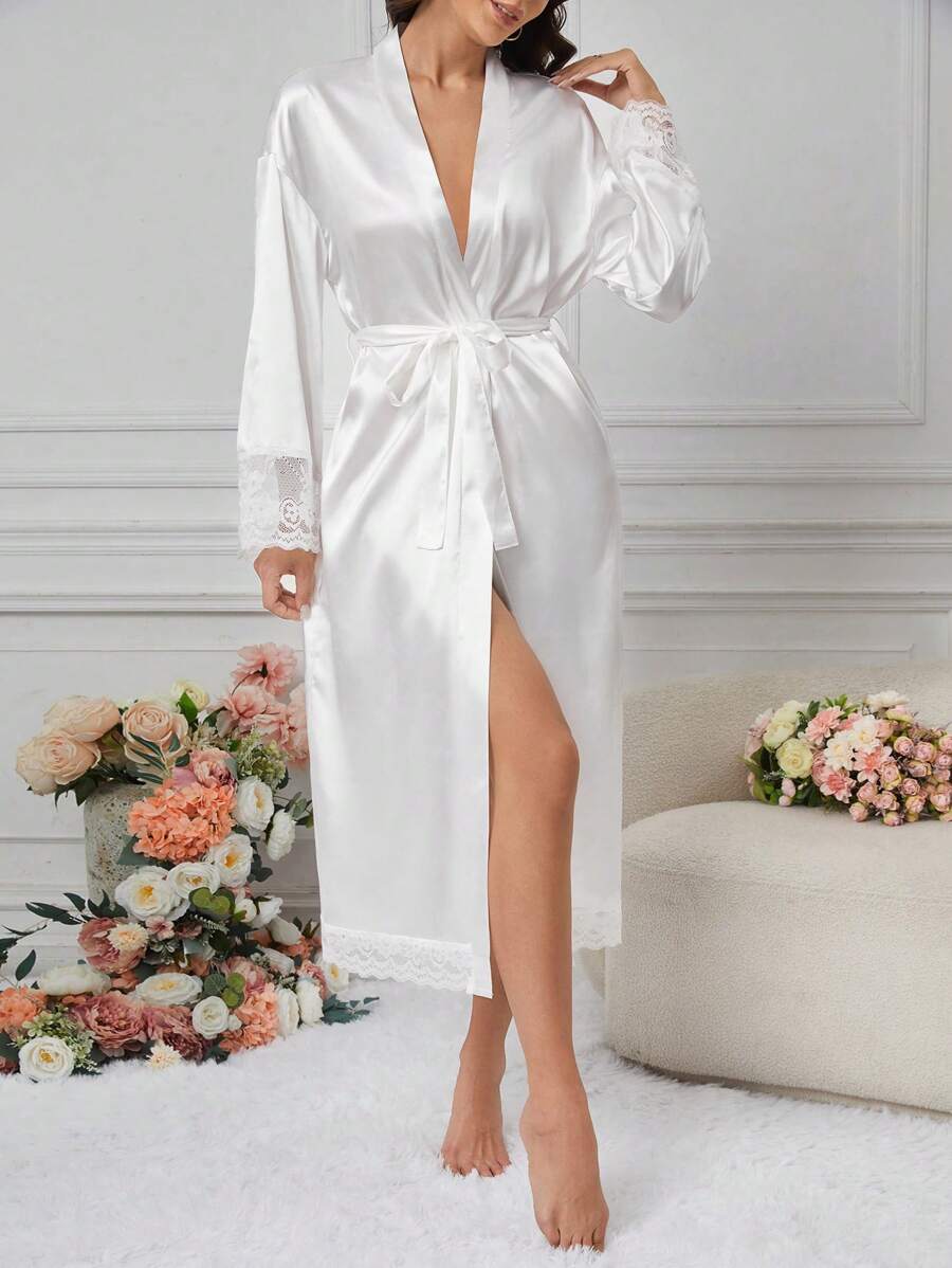 Women'S Satin & Lace Splicing Robe | SHEIN