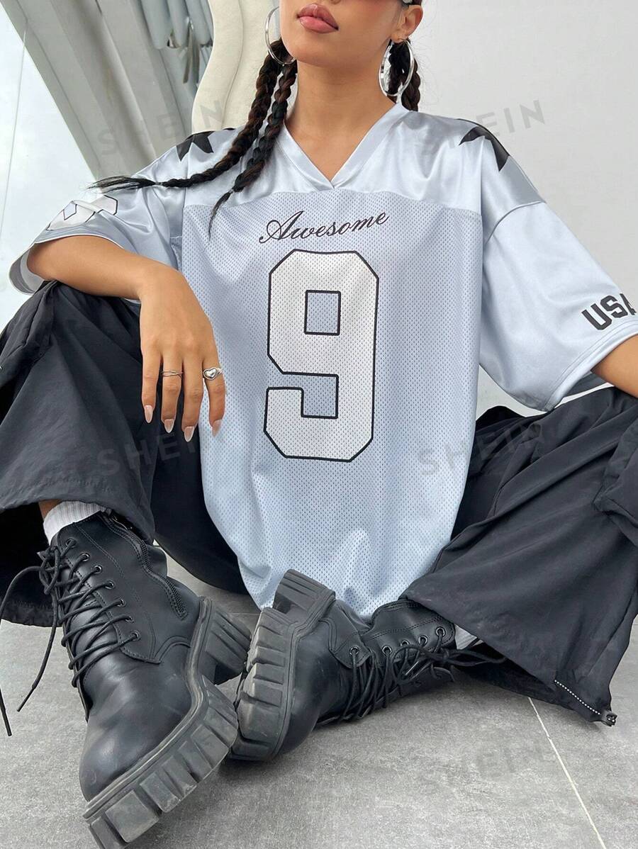 SHEIN EZwear Streetwear Satin Finish Boyfriend Style Oversized Basketball Jersey T-Shirt With ...