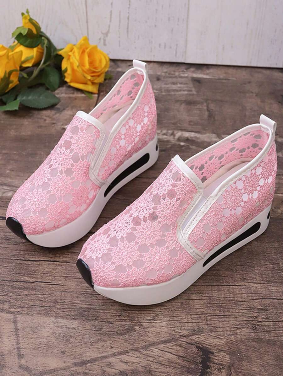 Womens Embroidered Mesh Wedge Sneakers With Thick Bottom Pink Flower Design Shein Usa