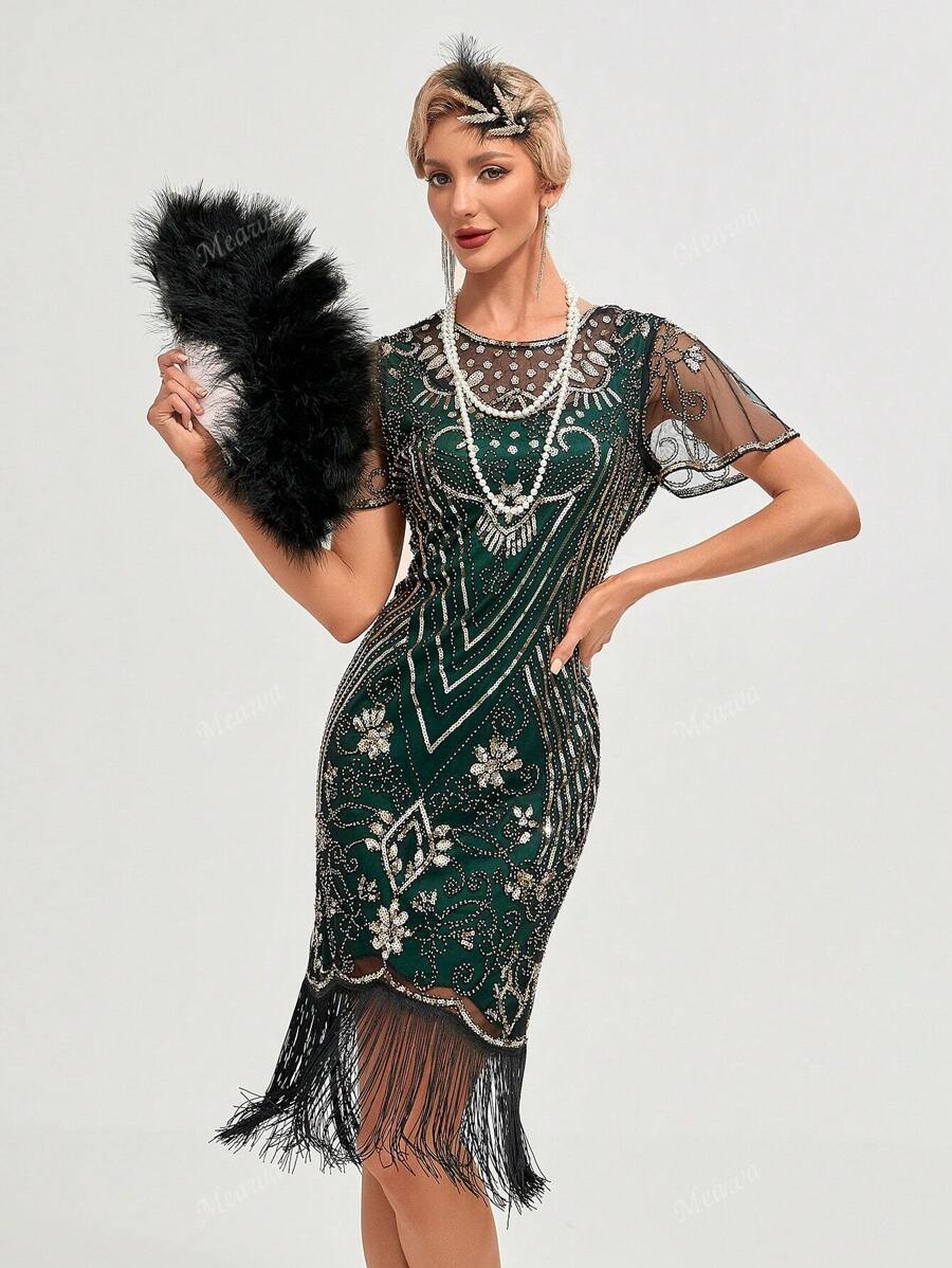 Women's 1920s Vintage Sequin Short Sleeve Mesh Tassel Hem Swing Dress ...