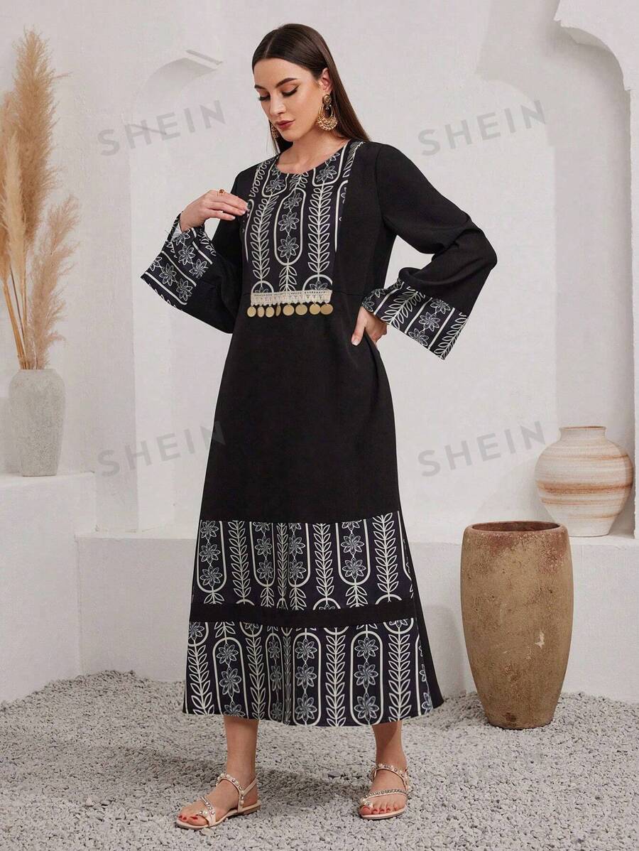 SHEIN Najma Women's Floral Print & Sequin Patchwork Modest Arabic Style ...