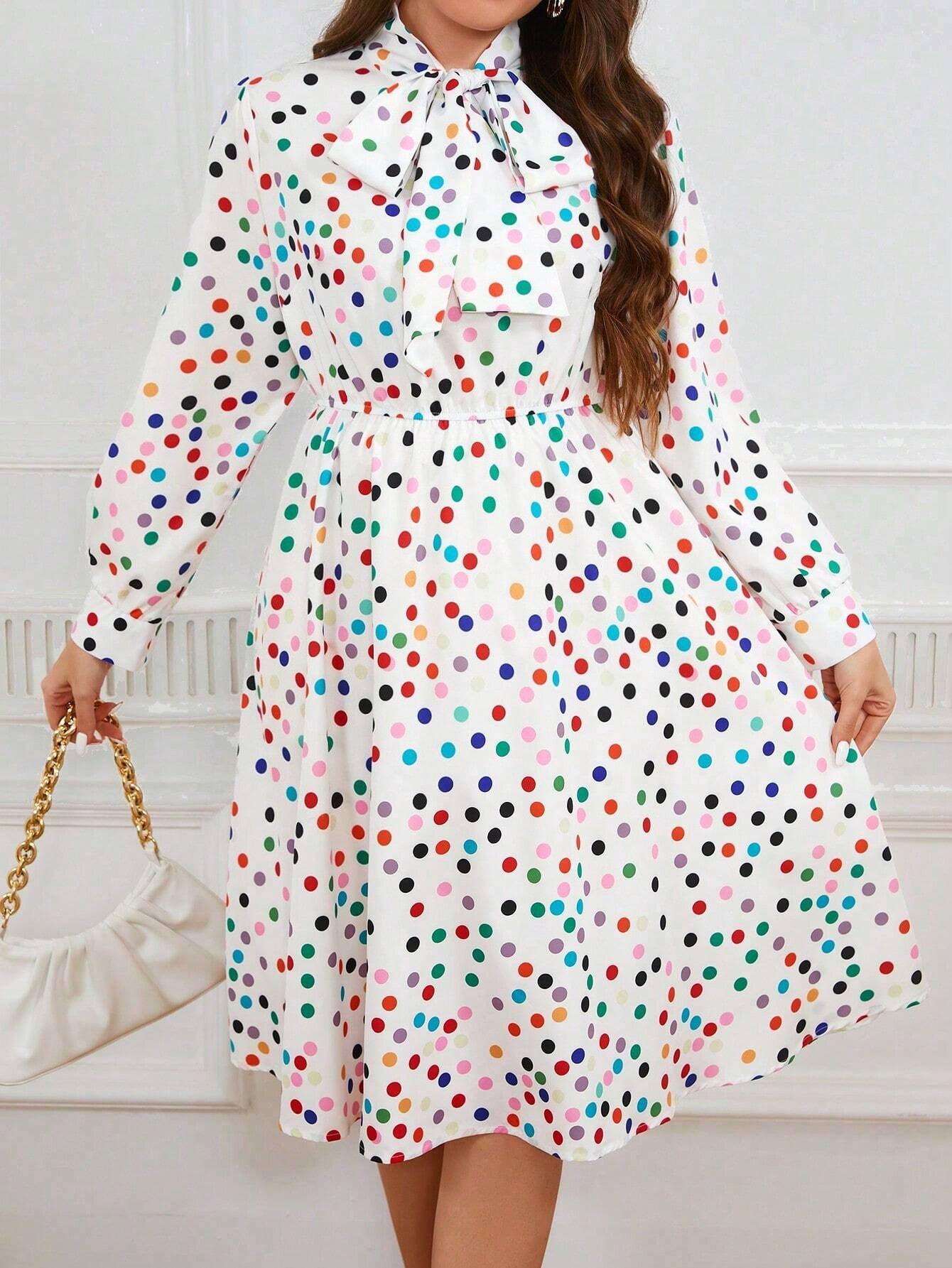 SHEIN Clasi Plus Size Colorful Polka Dot Print Dress With Neck Tie ...
