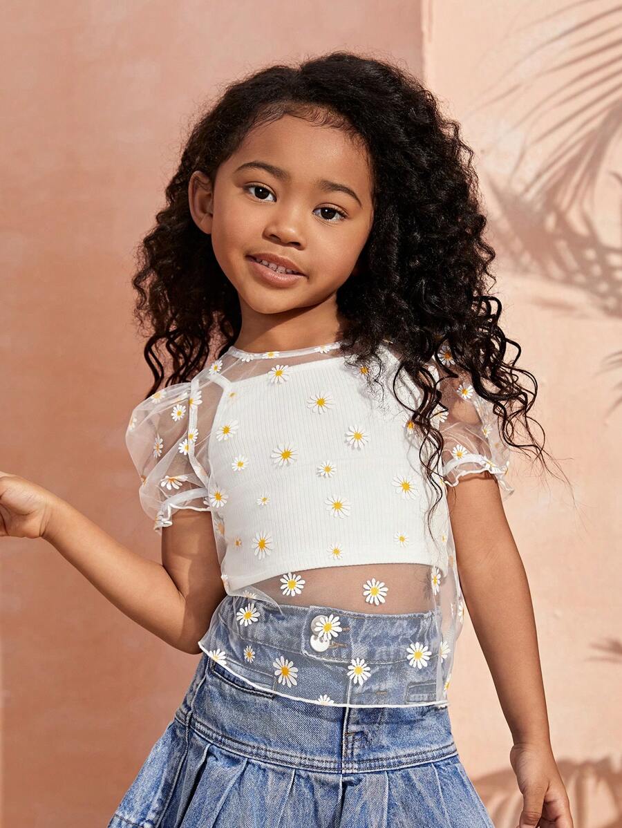 SHEIN Young Girl Everyday Casual Spring/Summer Daisy Short Sleeve Mesh ...