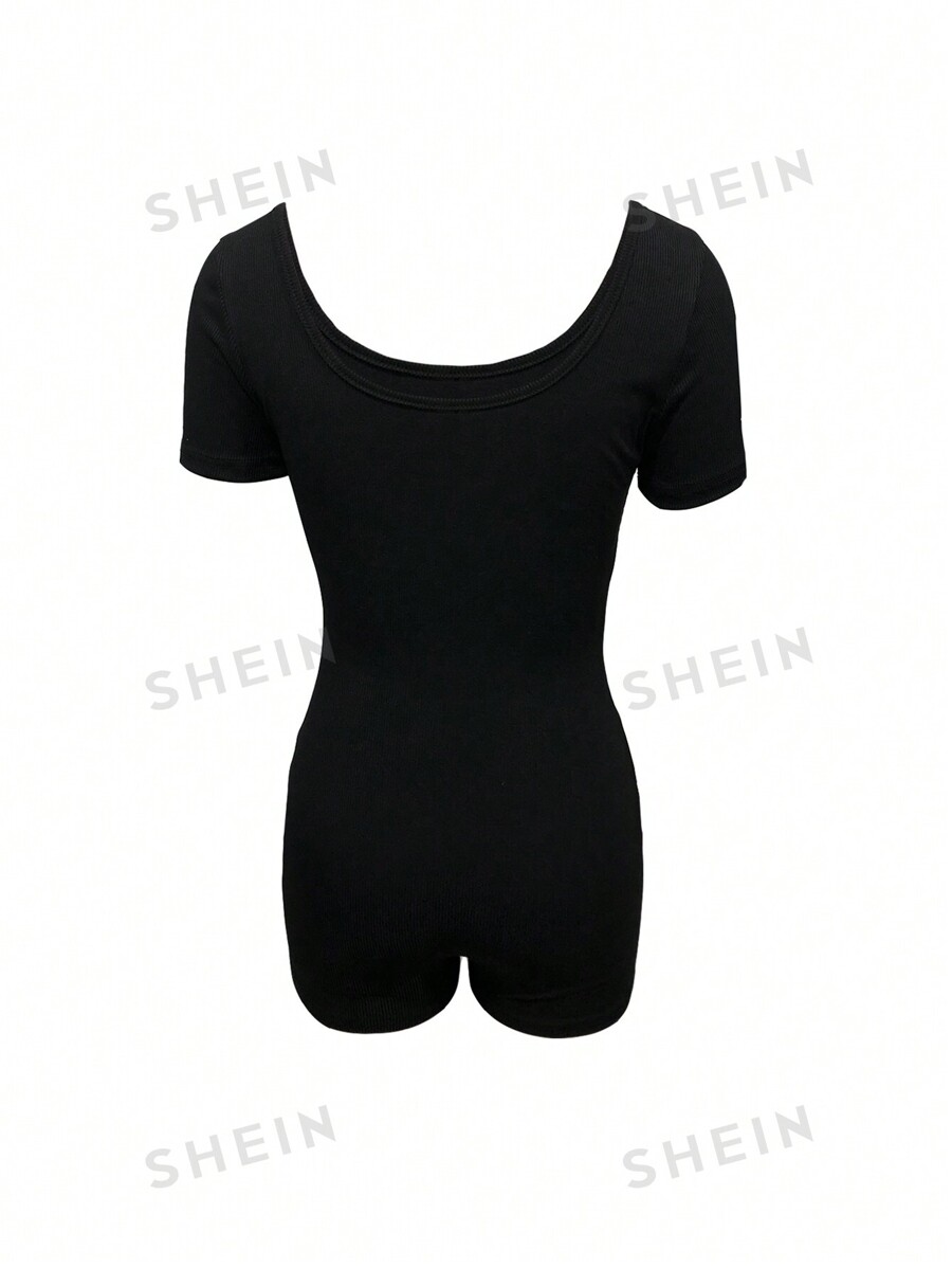 SHEIN LUNE Women's Short Sleeve Square Neck Unitard Jumpsuit | SHEIN USA