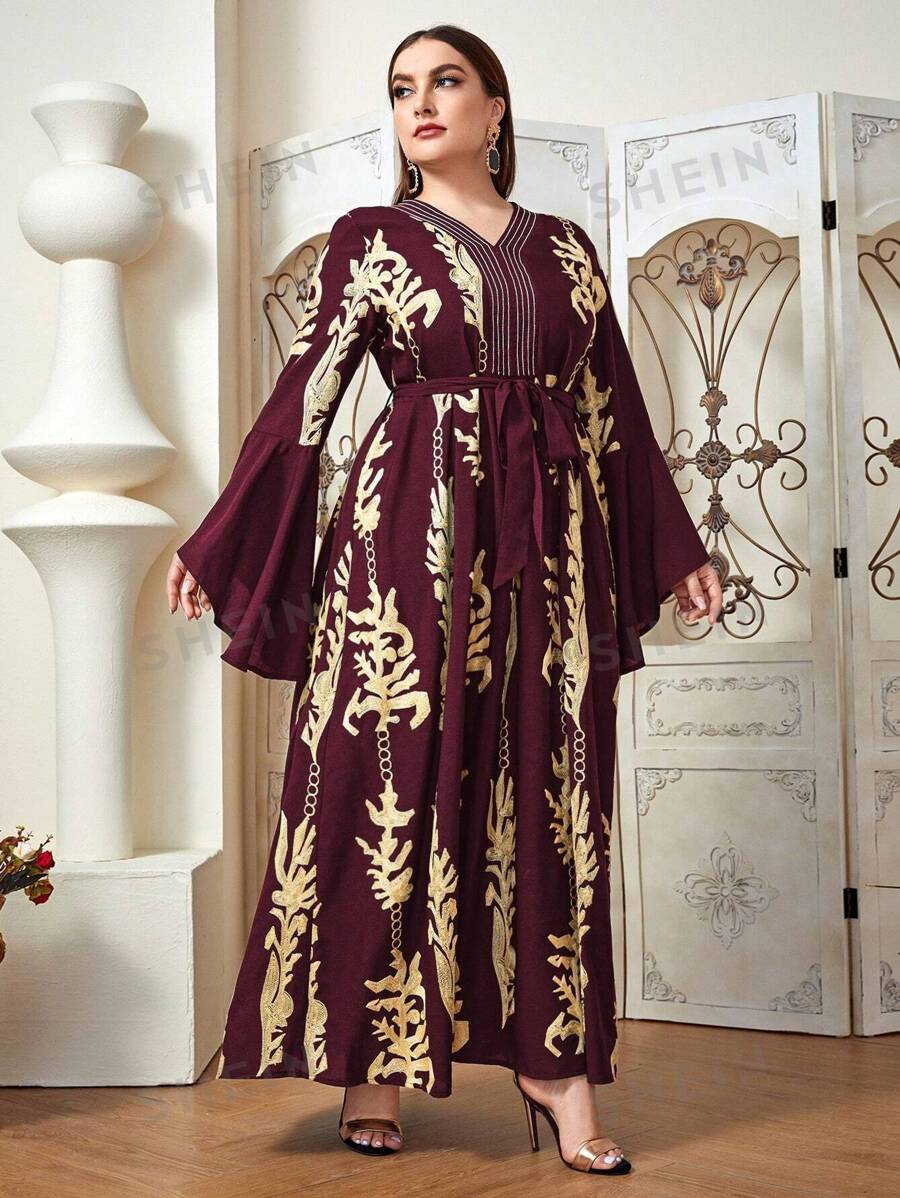 SHEIN Najma Plus Size Vintage Dress With Trumpet Sleeves For Fall And ...