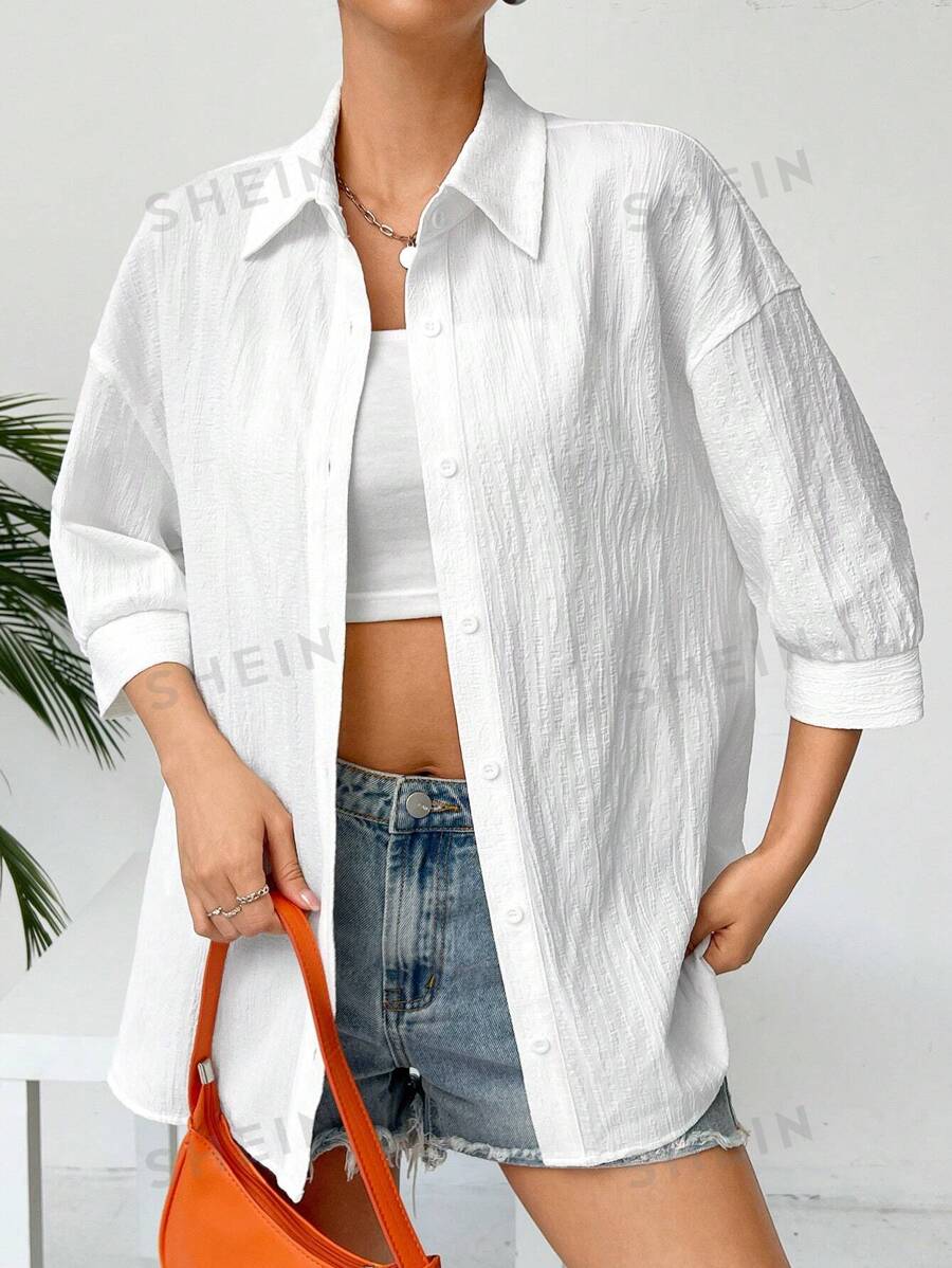 SHEIN EZwear Linen Solid Drop Shoulder Button Front Beach Shirt | SHEIN USA