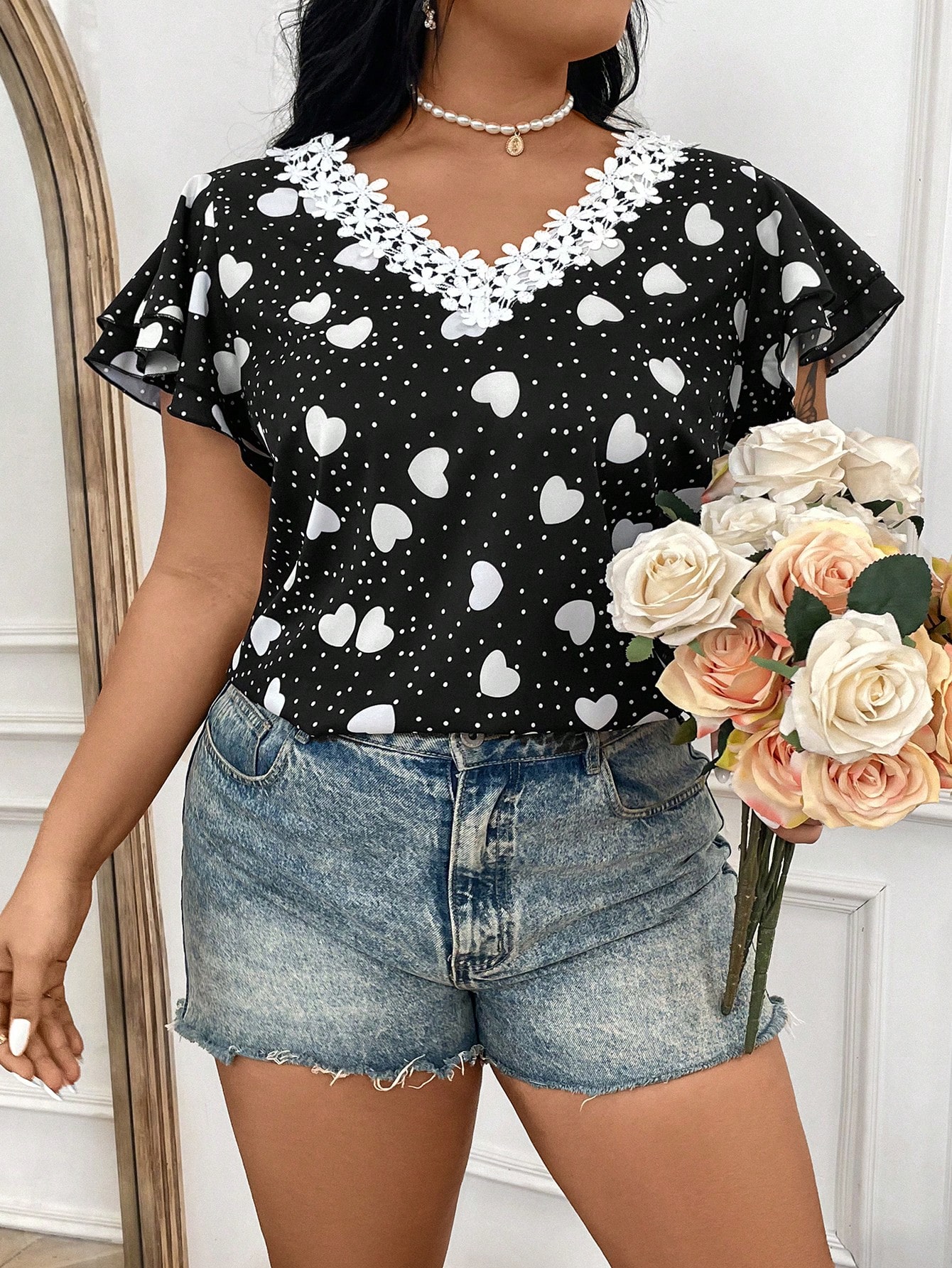 Shein Frenchy Plus Size Polka Dot And Heart Print Lace Hem Blouse Shein