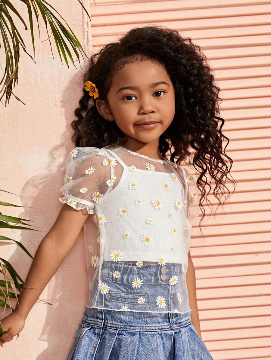 SHEIN Young Girl Everyday Casual Spring/Summer Daisy Short Sleeve Mesh ...