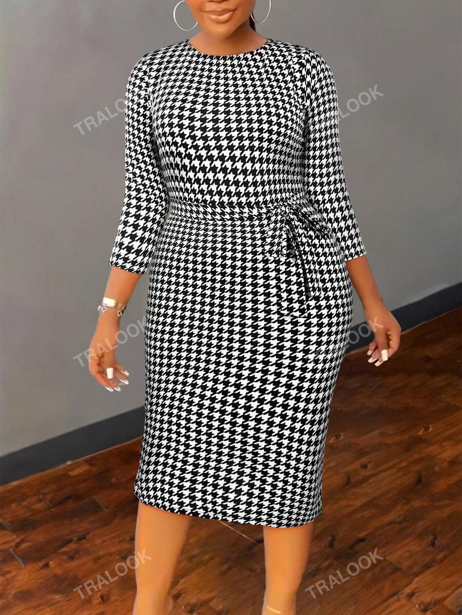 Plus Size Houndstooth Print Belt Decor Midi Dress | SHEIN USA