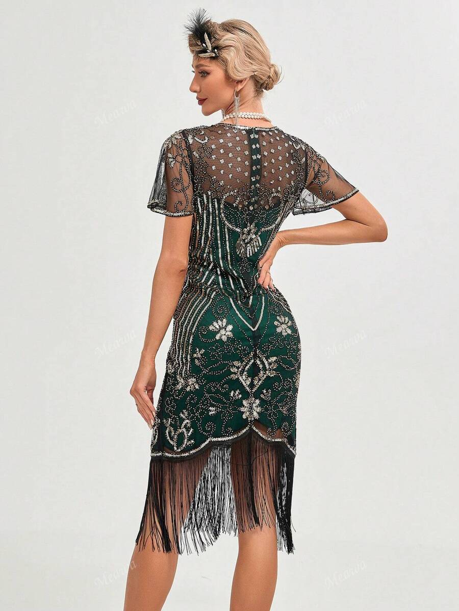 Women's 1920s Vintage Sequin Short Sleeve Mesh Tassel Hem Swing Dress ...