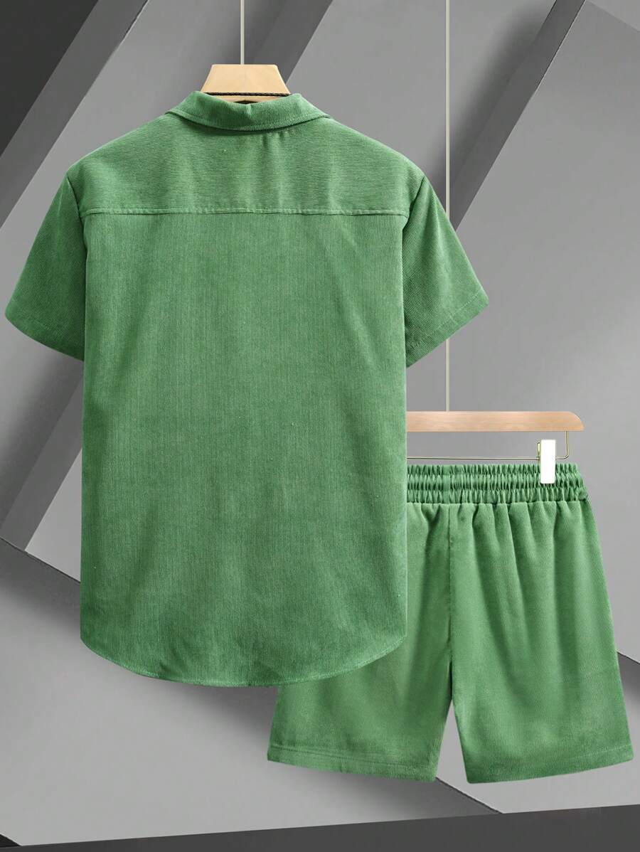 Manfinity Homme Men's Solid Color Button-down Shirt And Shorts Two ...