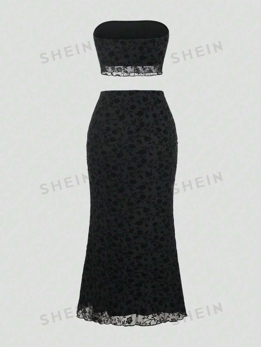 SHEIN X SAMADHI SHEIN MOD Conjunto De Saia E Top Bandeau De Veludo Com ...