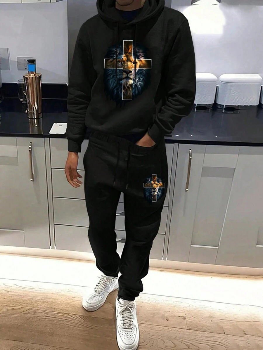 Manfinity LEGND Men'S Lion & Cross Print Hooded Fleece Sweatshirt And ...