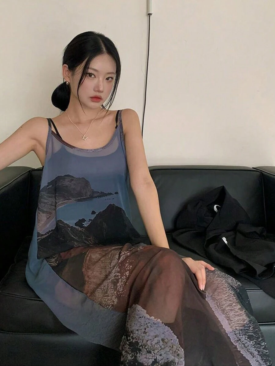 DAZY Women's See-Through Patterned Mesh Long Cami Dress Summer Sundress ...