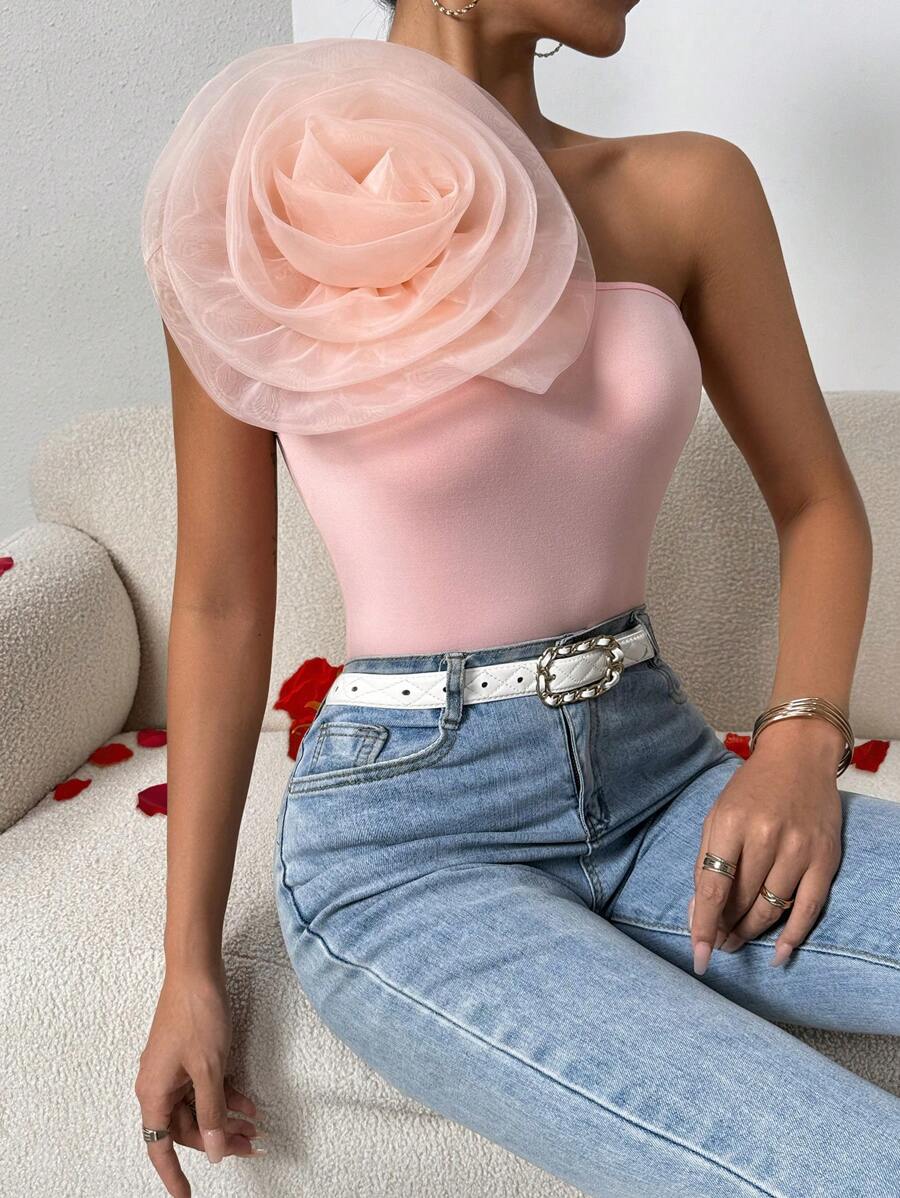 SHEIN Privé One Shoulder Contrast Mesh Top | SHEIN USA