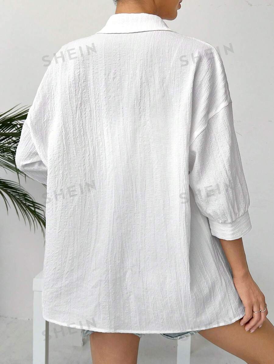 SHEIN EZwear Linen Solid Drop Shoulder Button Front Beach Shirt | SHEIN USA