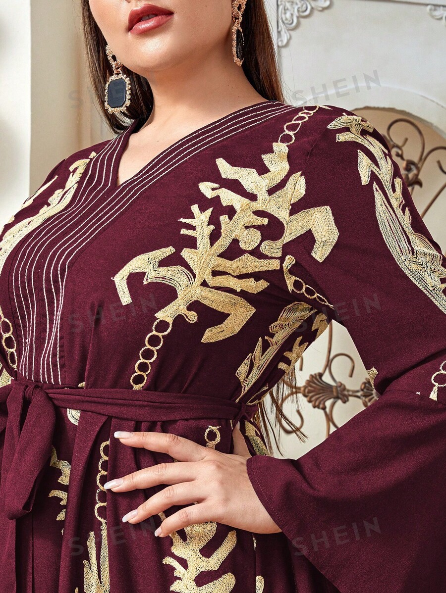 SHEIN Najma Plus Size Vintage Dress With Trumpet Sleeves For Fall And ...