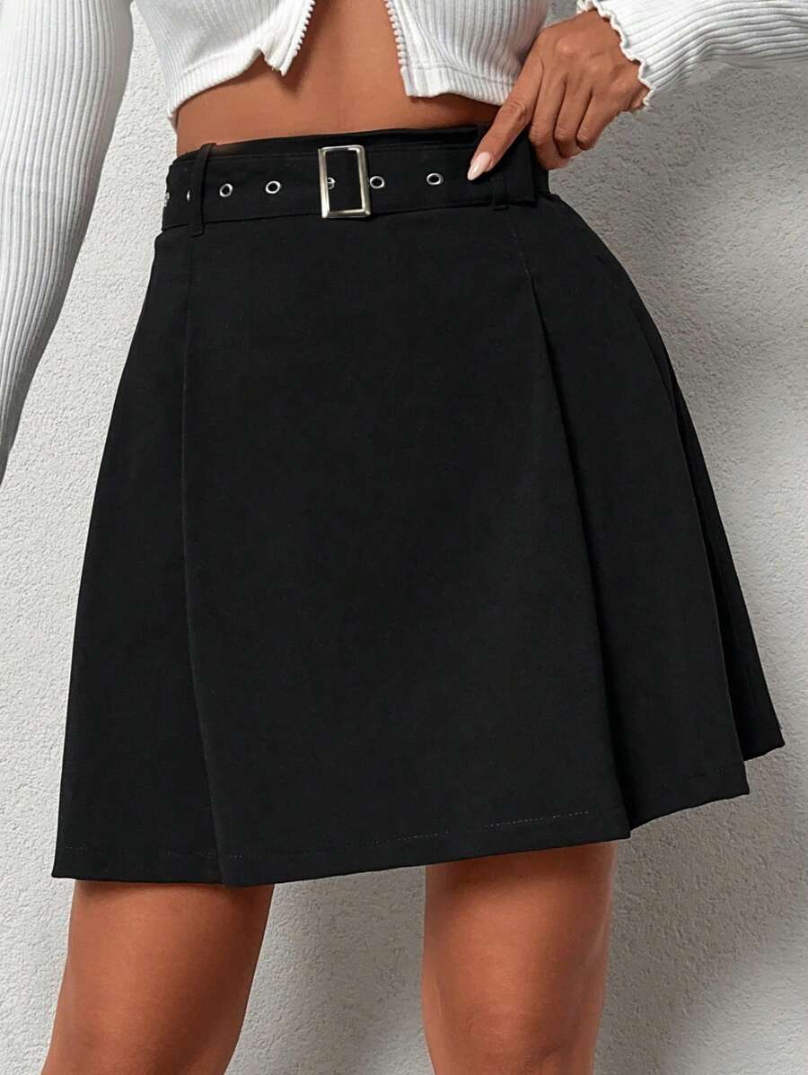 Solid Self Buckle Belted Flare Skirt | SHEIN USA
