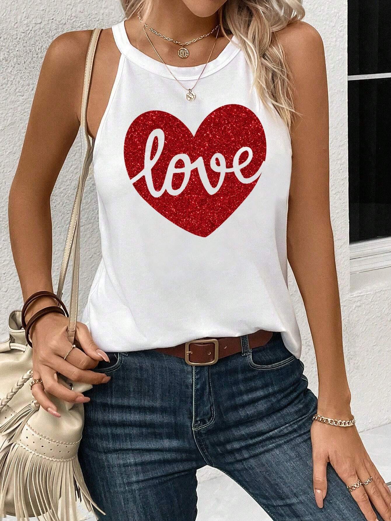 SHEIN LUNE Casual & Simple Glitter Heart Print Tank Top, Slim Fit ...