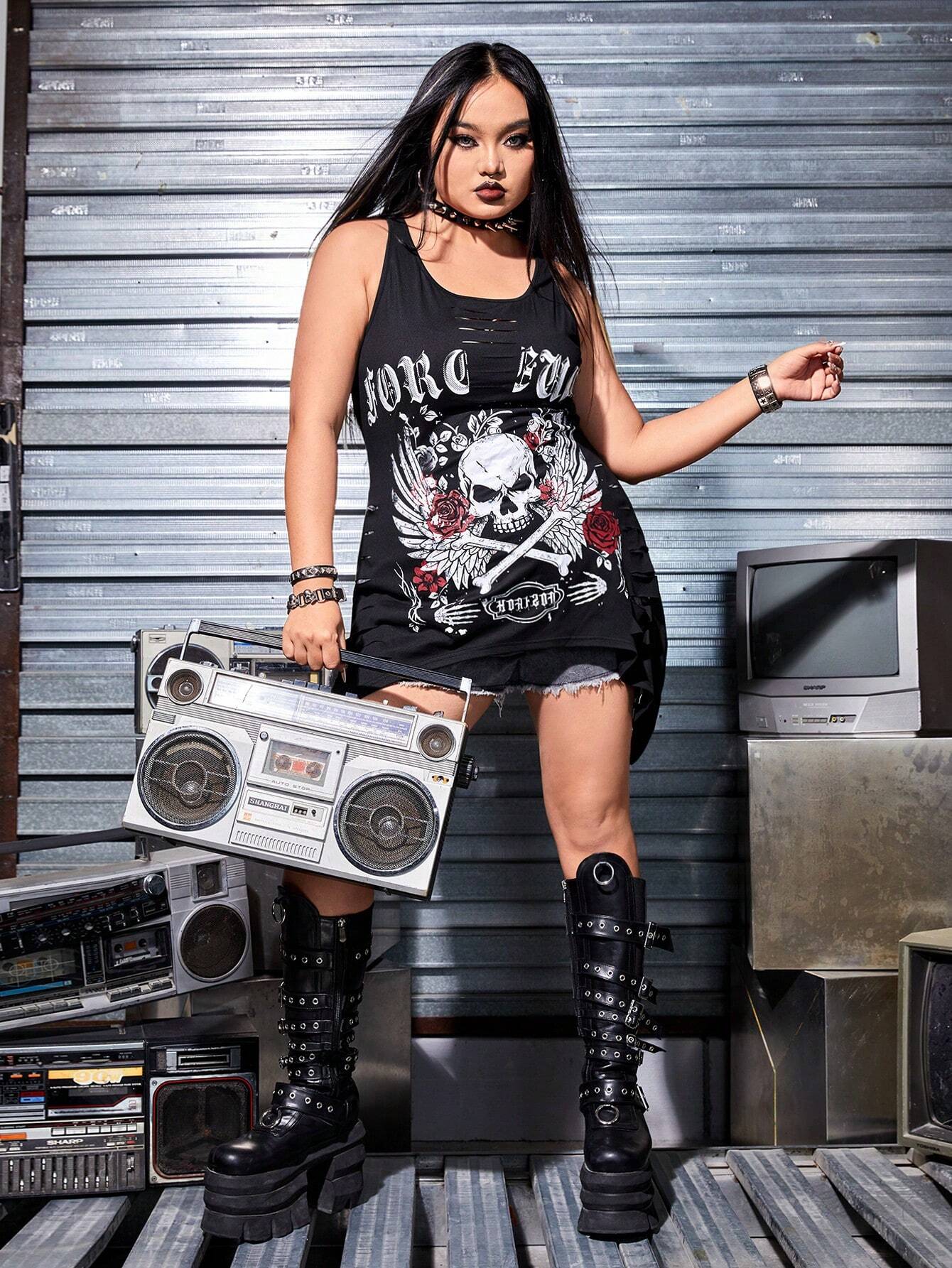 ROMWE Grunge Punk Plus Size Punk Ripped Skull & Wing Print Tank Top ...