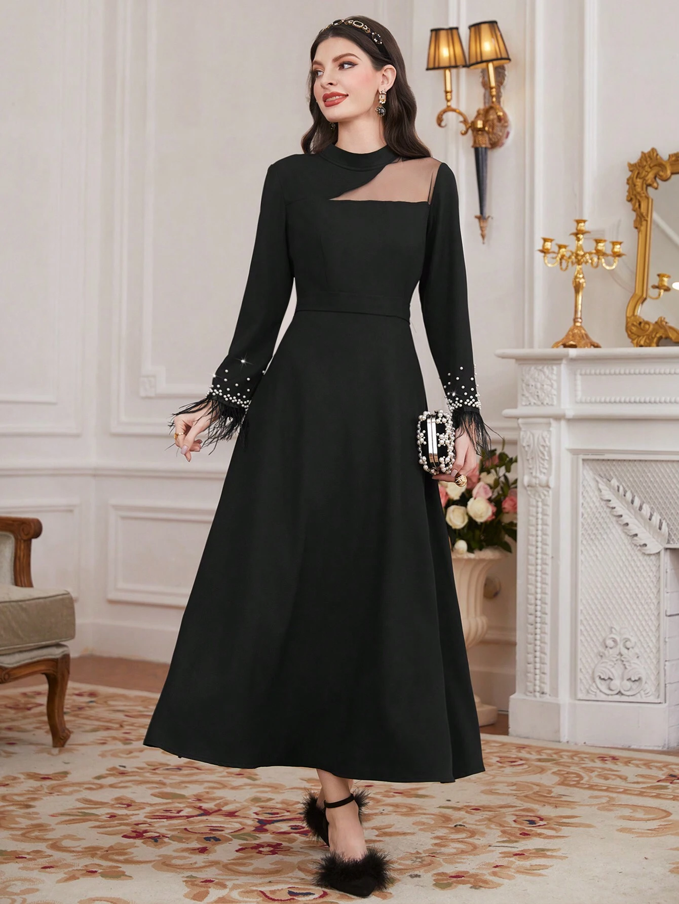 SHEIN Modely Women'S Patchwork Sheer Mesh Long Sleeve Furry Cuff Dress ...