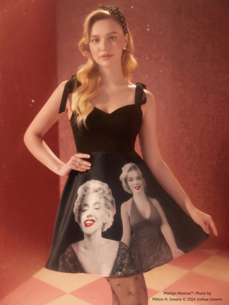 Marilyn Monroe X SHEIN Character Print Shoulder Knot Detail Dress ...