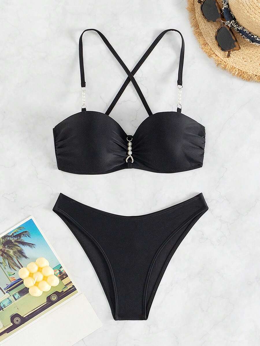 SHEIN Swim Summer Women'S Pearl Decorated Push Up Bra And Brazilian ...