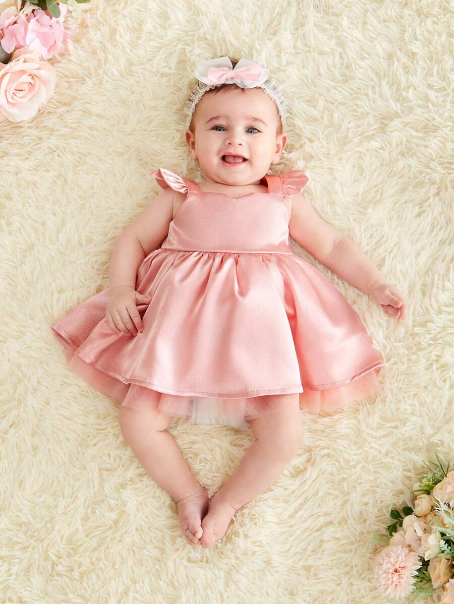 SHEIN Newborn Baby Girl Ruffle Mesh Waist Cinched Satin Dress | SHEIN UK