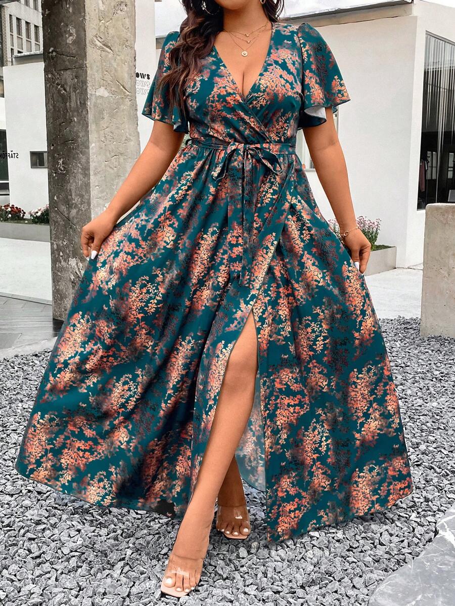 SHEIN Belle Plus Size Women's Full Printed Wrap Design Split Dress ...