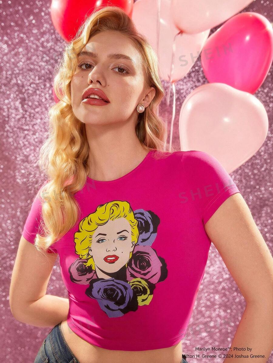 Marilyn Monroe X SHEIN Character And Floral Print Hollow Out Back ...