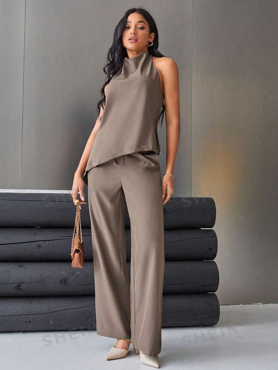 SHEIN Privé Women's Solid Color Backless Halter Top And Wide Leg Pants ...