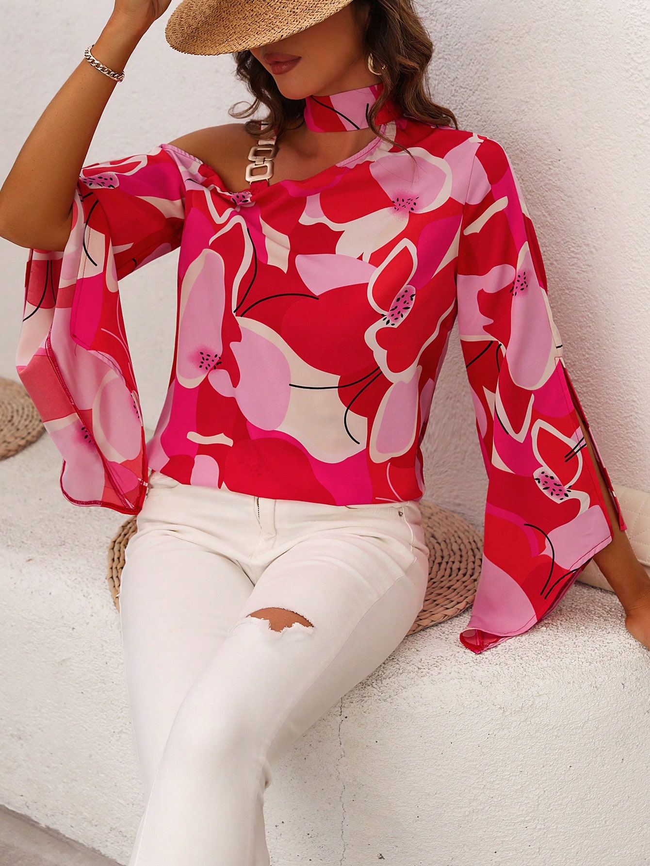 All-Over Pattern Asymmetrical Collar Split Sleeve Blouse | SHEIN UK