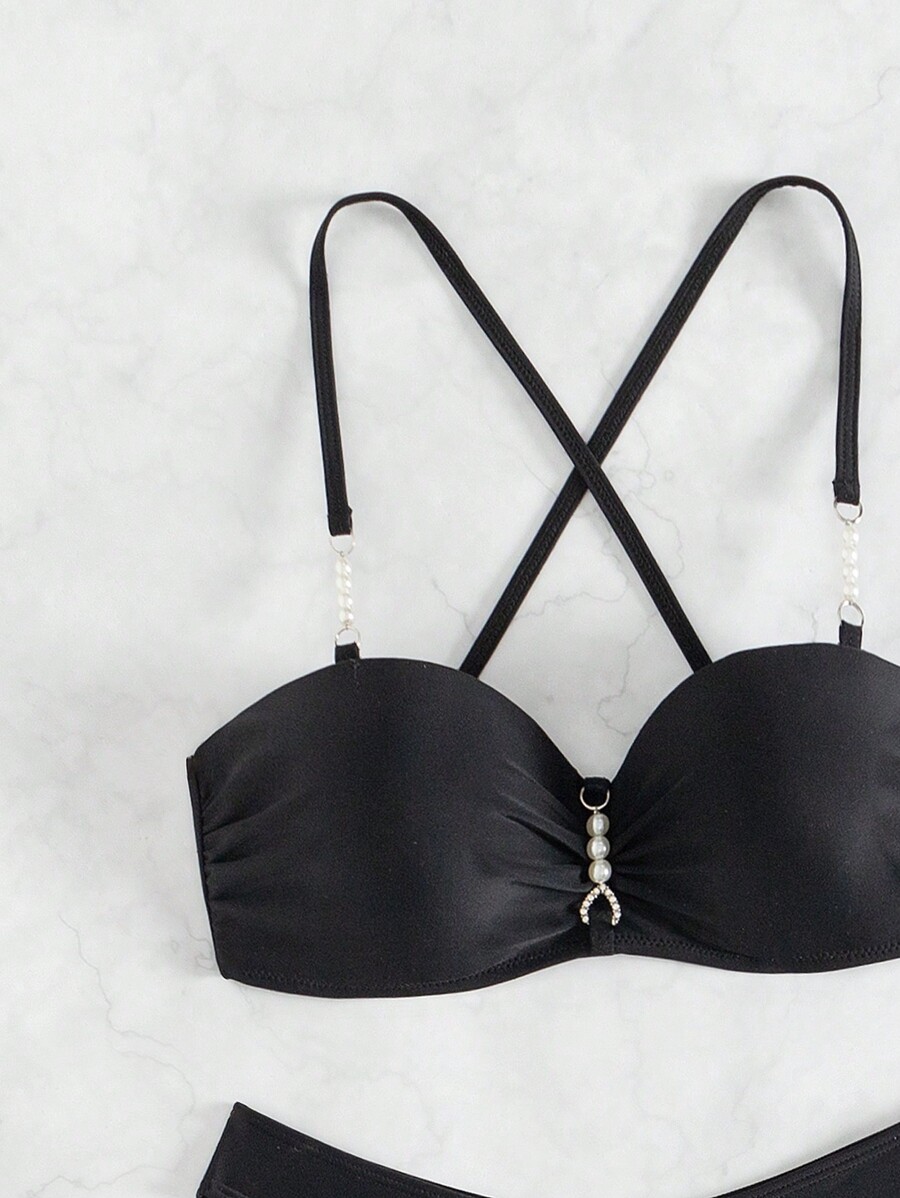 SHEIN Swim Vcay Women'S Pearl Decorated Push Up Bra And Brazilian ...