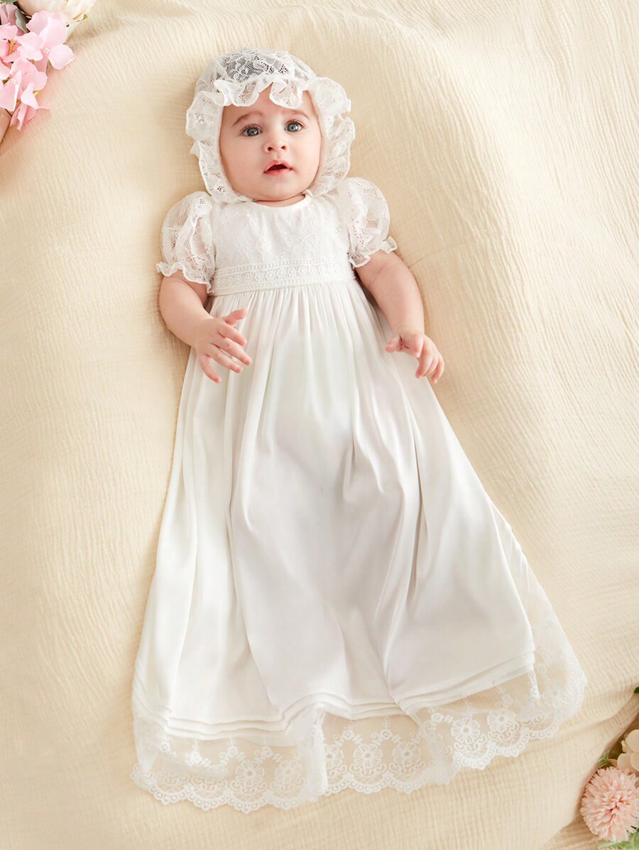 SHEIN Newborn Baby Girl's Elegant Puff Sleeve Round Neck Belted Dress ...