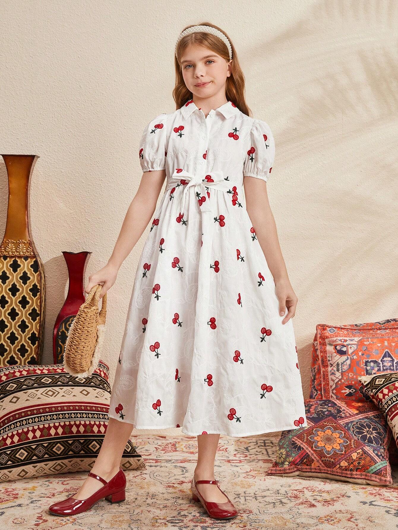 SHEIN Tween Girls' Loose Fit Casual Cherry Print Shirt Dress | SHEIN USA