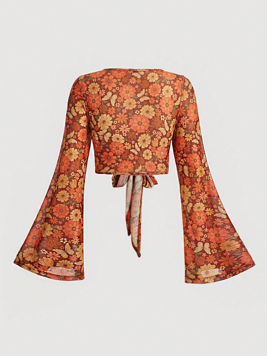 Shein Mod Plus Size Womens Floral Print Bell Sleeve Top Shein Usa