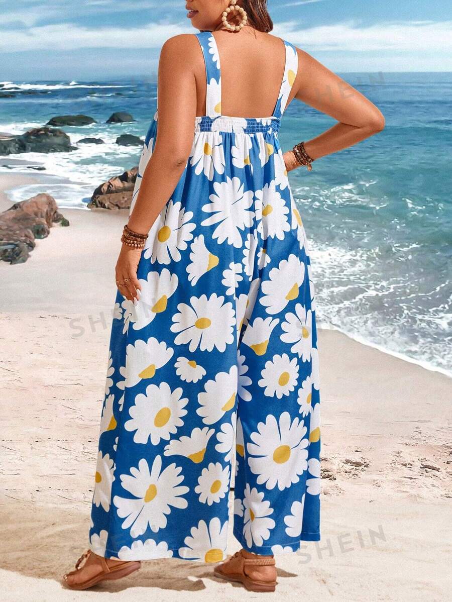 Shein Wywh Plus Size Floral Print Full Length Cami Jumpsuit With Hidden