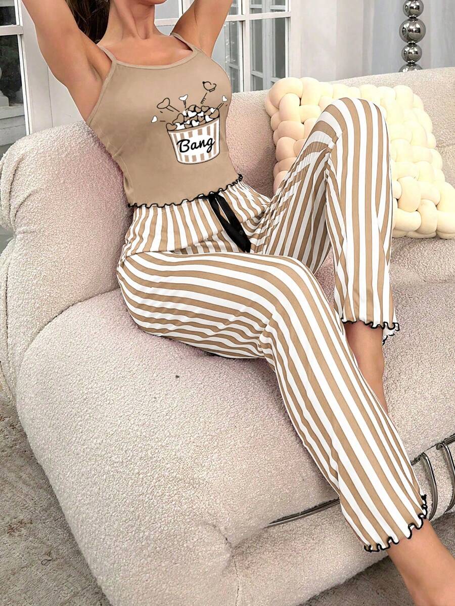 Popcorn Striped Camisole Top And Pants Pajama Set Holidayseason | SHEIN USA