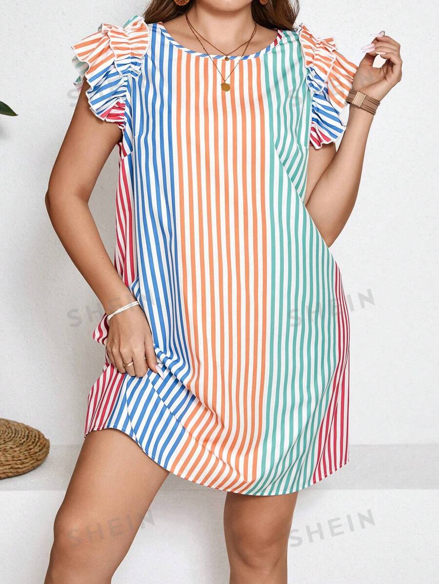 SHEIN LUNE Plus Size Colorful Striped Short Sleeve Swing Easter Party ...