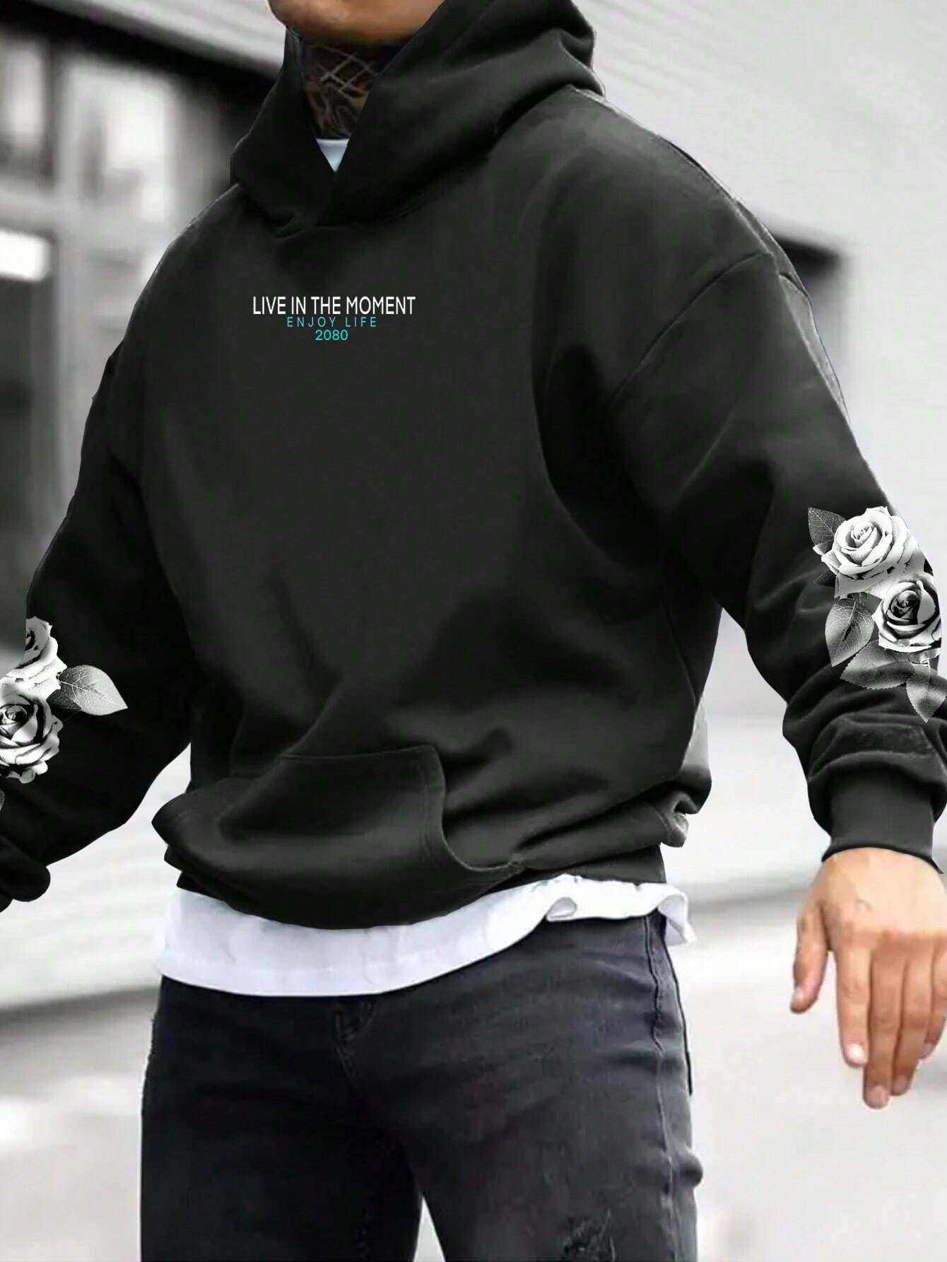 Manfinity Hypemode Loose Men's Warm Fleece Lined Hoodie With Floral And Slogan Print | SHEIN USA