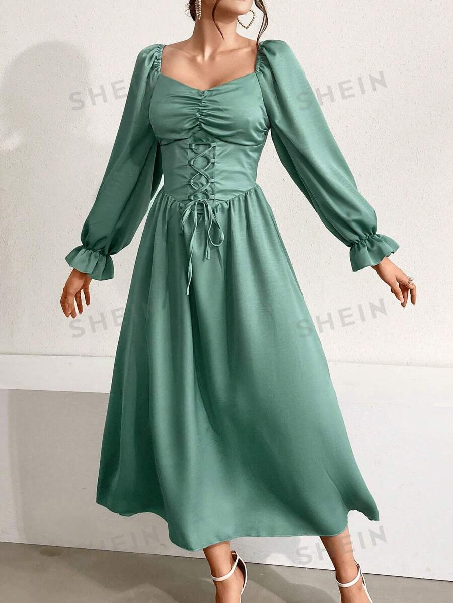 SHEIN Mulvari Tied Front Bell Sleeve A-Line Dress | SHEIN USA