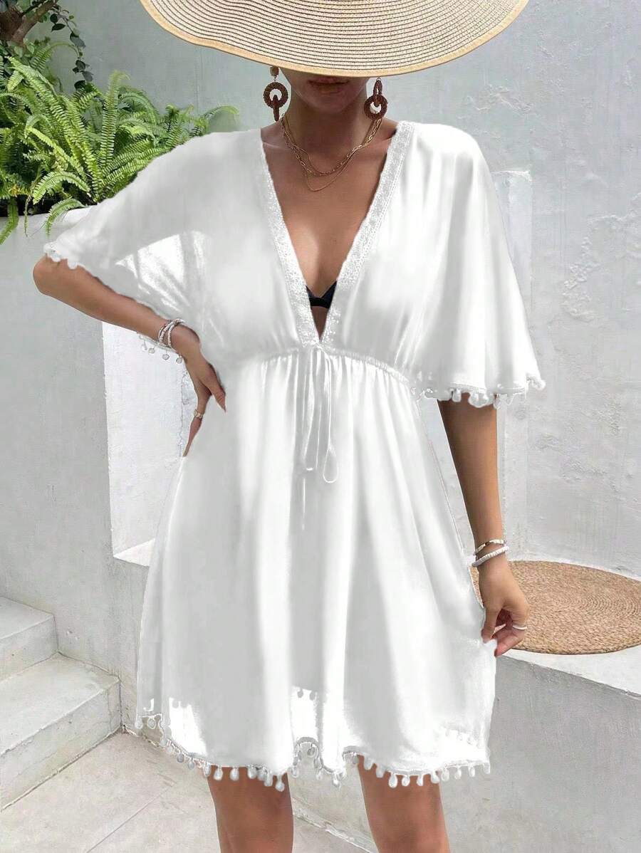 Shein Swim Bohofeel 1pc Deep V Neck Bell Sleeve Cover Up Dress Shein