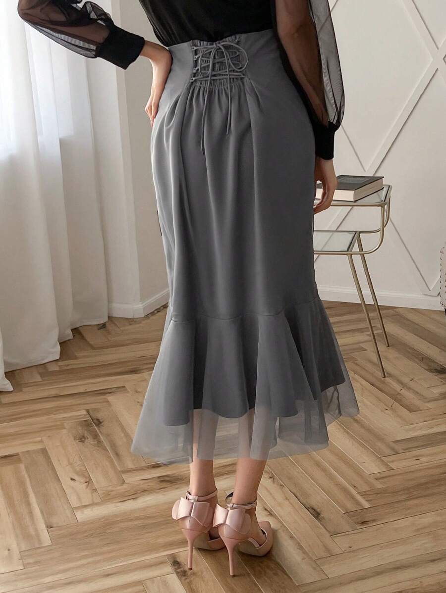 FRIFUL Women's Gray Cross Strap Back Mermaid See-Through Mesh Skirt ...