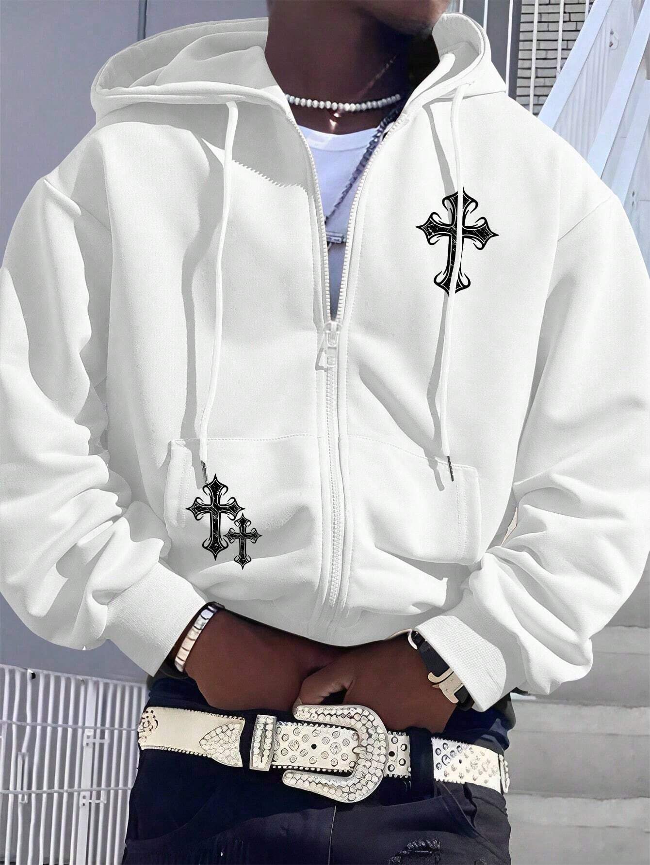 Manfinity EMRG Men's Cross Print Hoodie With Kangaroo Pocket And Zipper Closure | SHEIN