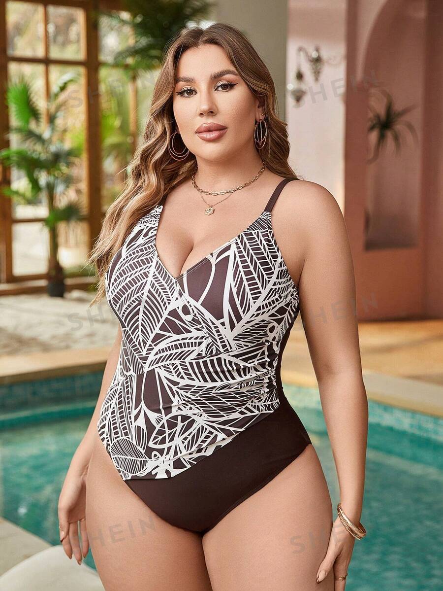 SHEIN Swim Curve Plus Size One-Piece Swimsuit With Plant Print And Patchwork Design | SHEIN USA